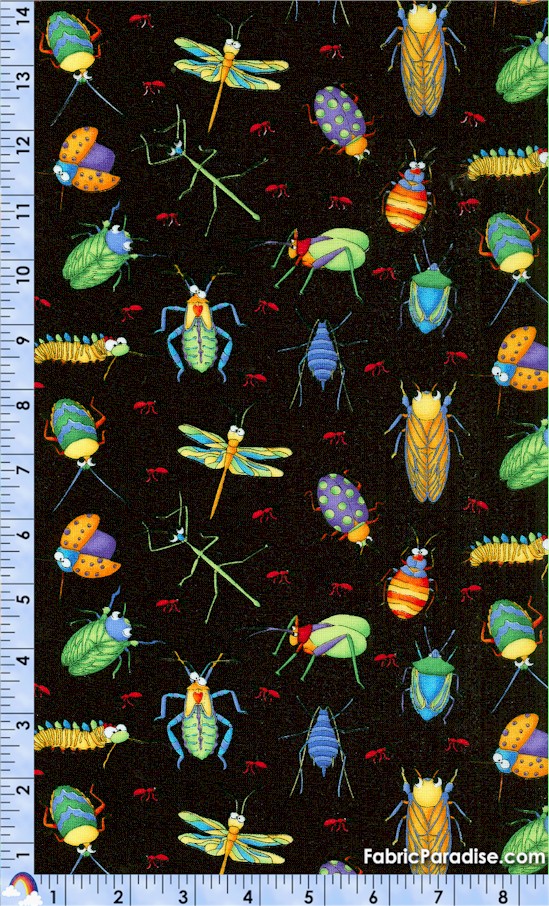 Bugaboo - Whimsical Insects on Black, Animals, Elkabee's FabricParadise ...